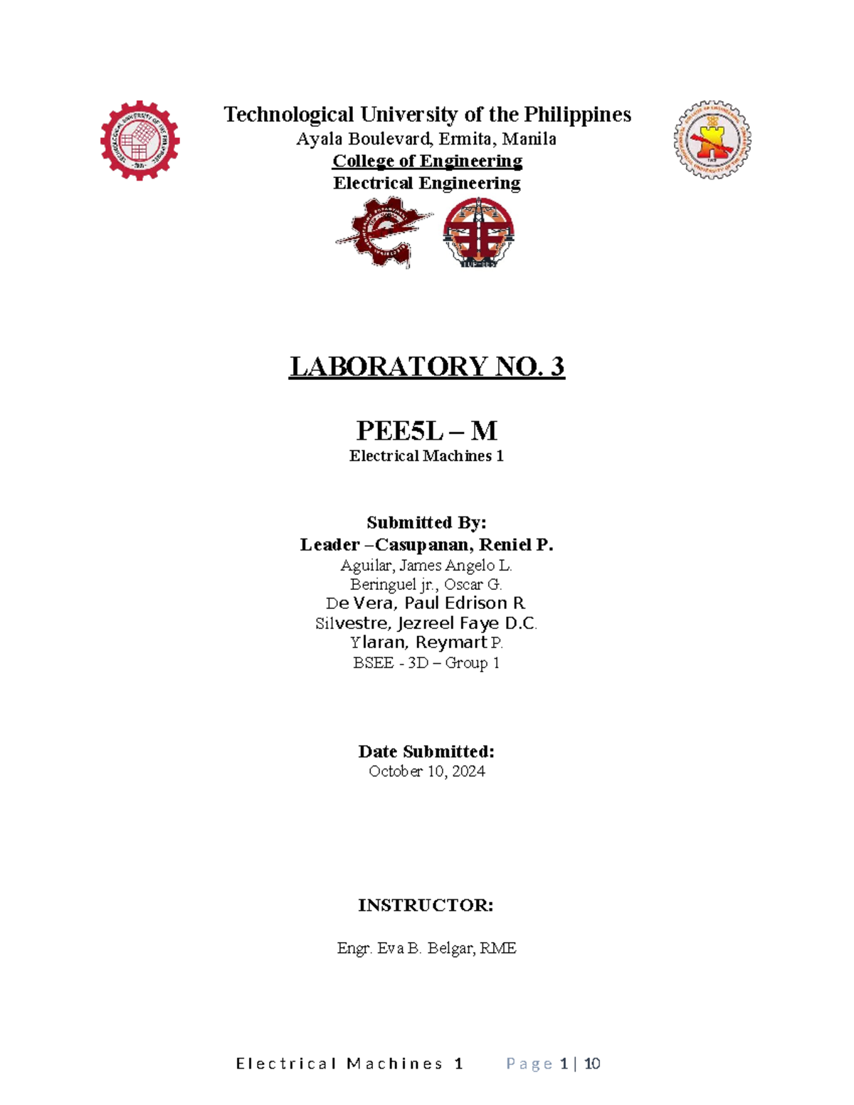 PEE5L M Laboratory No. 3: DC Shunt Wound Generator Experiment - Studocu
