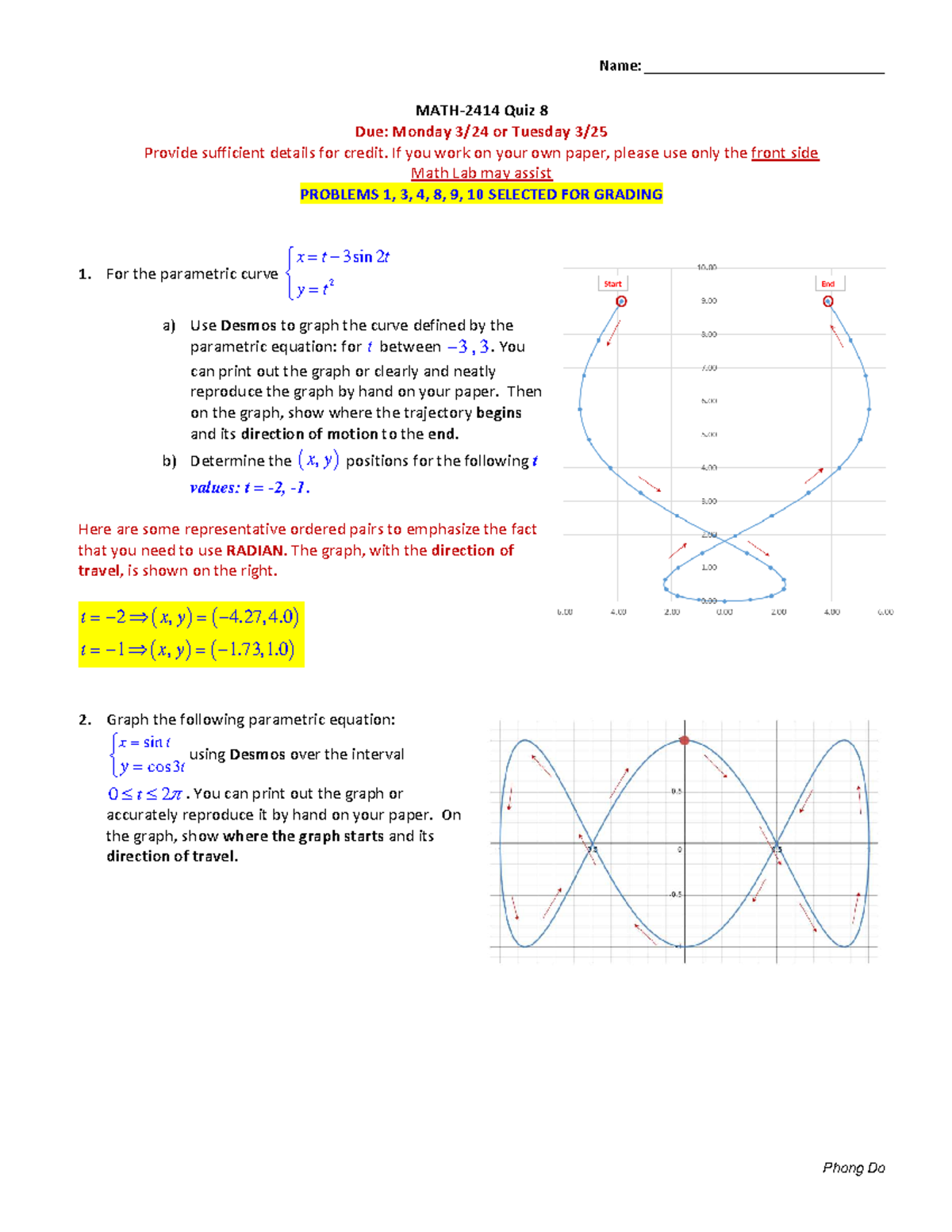 MATH-2414 Quiz 8: Parametric Equations and Projectile Motion Problems ...