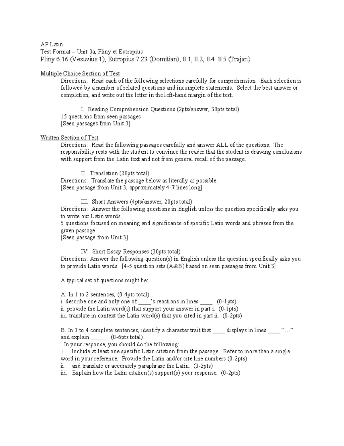 AP Latin Test Format: Unit 3a - Pliny & Eutropius Overview - Studocu