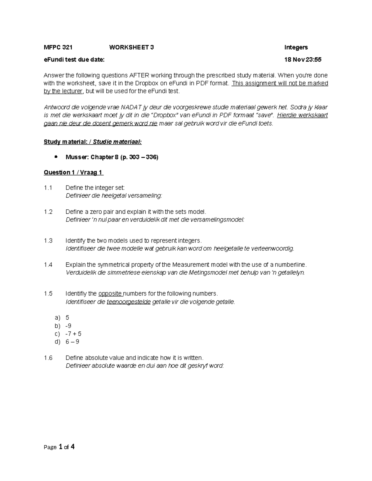 MFPC 321 Worksheet 3: Understanding Integers in Mathematics - Studocu