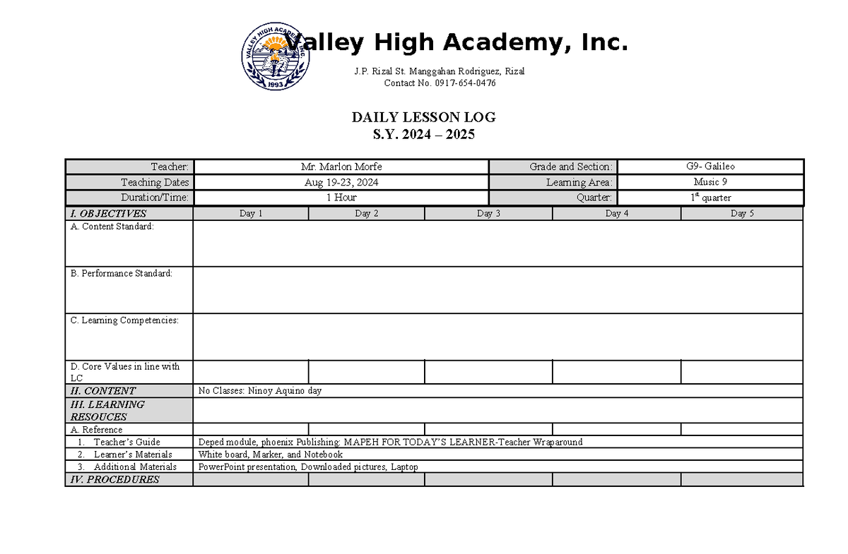 DLL- Template-AUG 19-23 - Valley High Academy, Inc. J. Rizal St ...