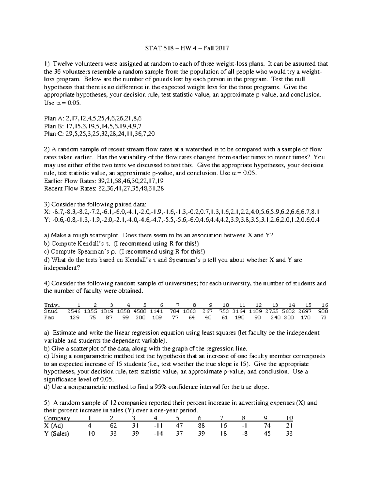STAT 518 HW 4 Fall 2017 - Weight Loss & Flow Rate Analysis - Studocu