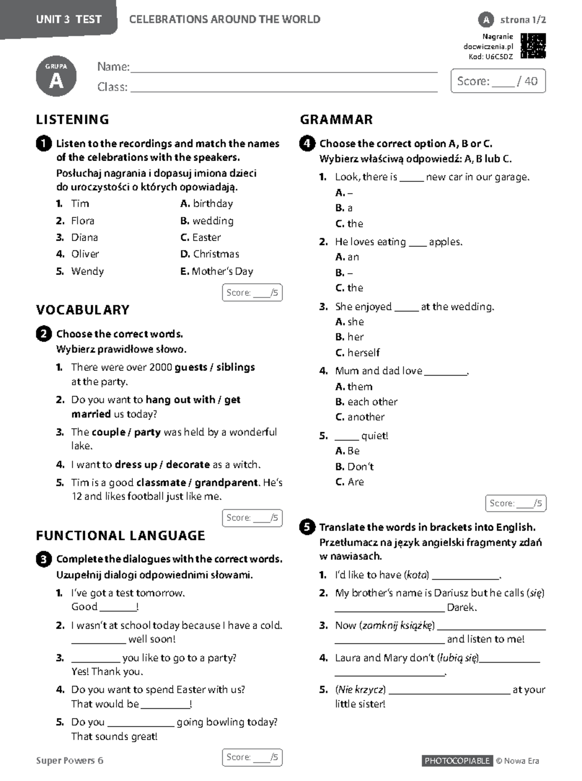 L30552 UNIT 3 TEST: Celebrations Around the World - Grammar ...