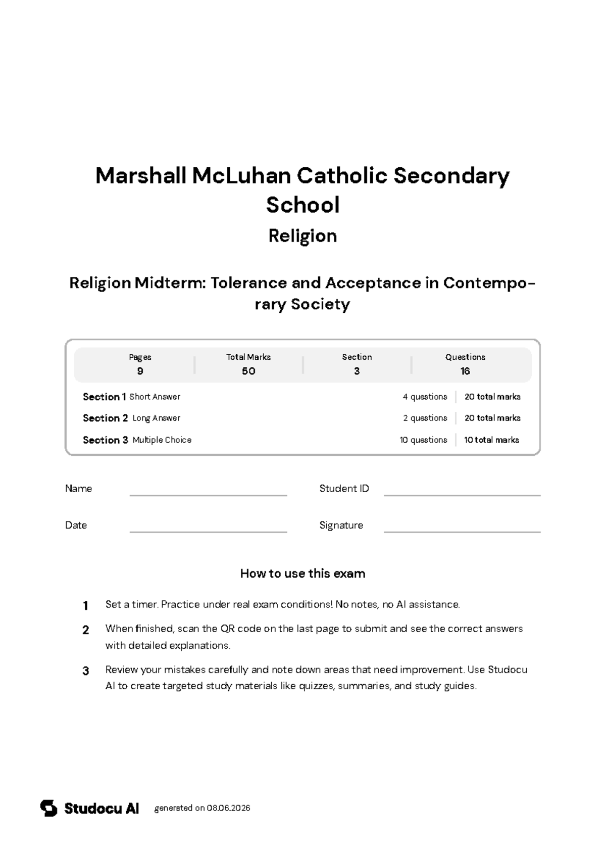 Religion Midterm: Tolerance and Acceptance Exam - Studocu