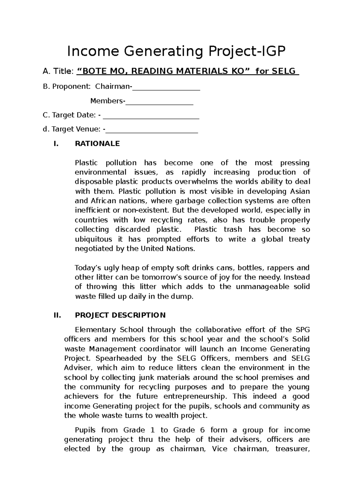 IGP for MAED: "BOTE MO, READING MATERIALS KO" SELG Project Proposal ...