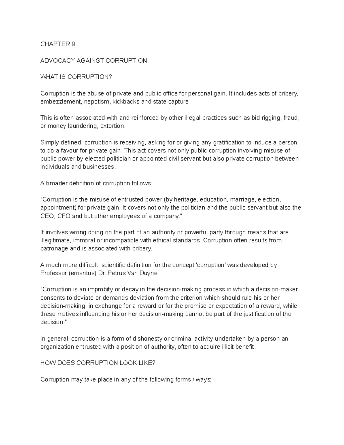 Chapter 9: Advocacy Against Corruption and Its Impacts - Studocu