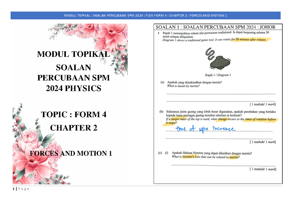 FIZIK FORM 4: MODUL PERCUBAAN SPM 2024 CHAPTER 2 - FORCES & MOTION - Studocu