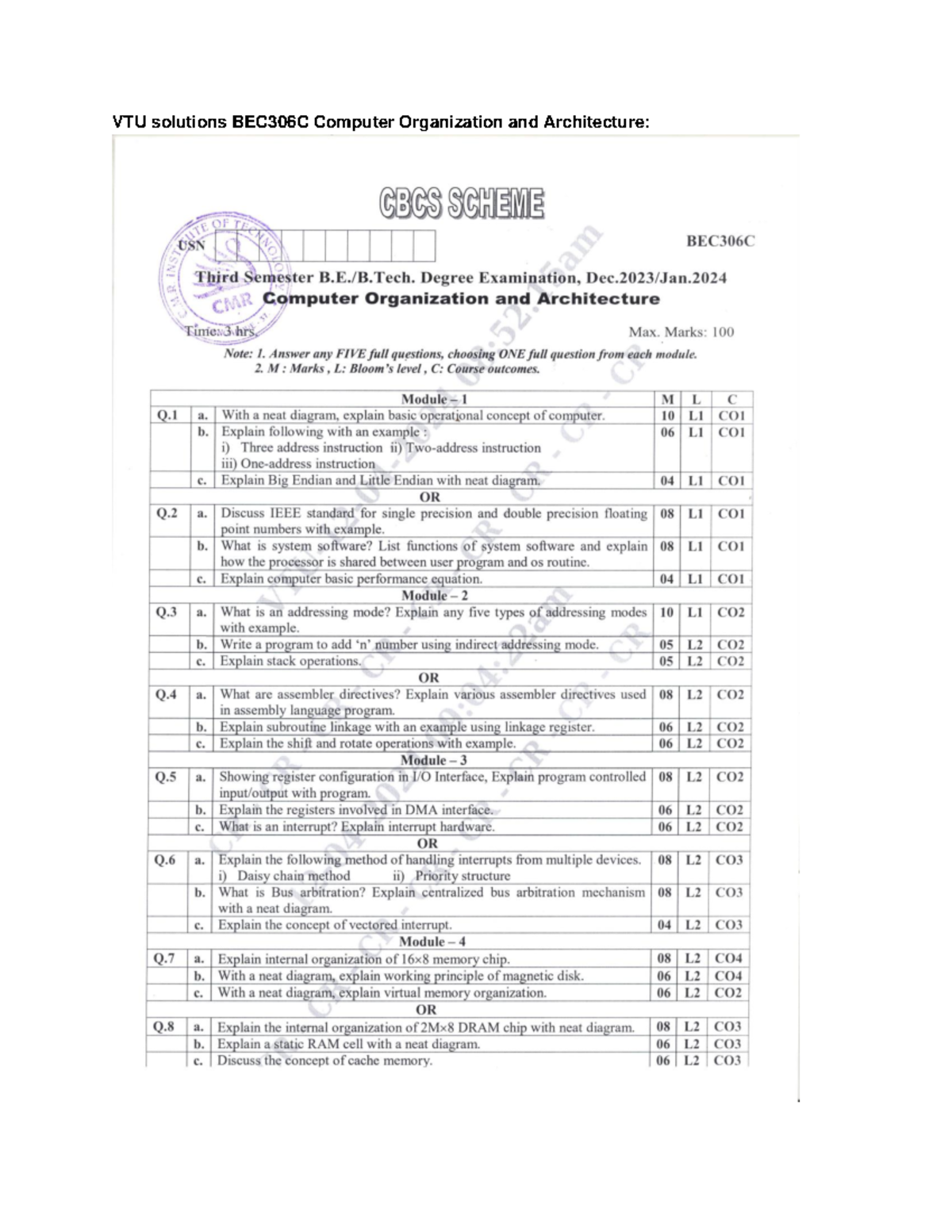 VTU BEC306C Computer Organization & Architecture Exam Solutions - Jan ...