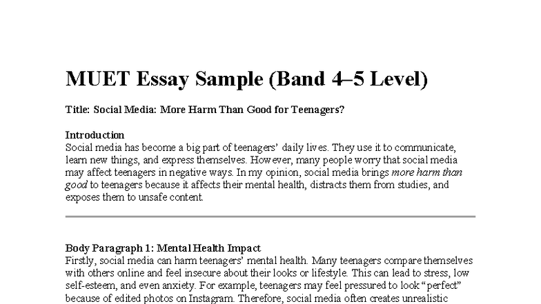 MUET Essay Sample: Social Media's Harmful Effects on Teens - Studocu