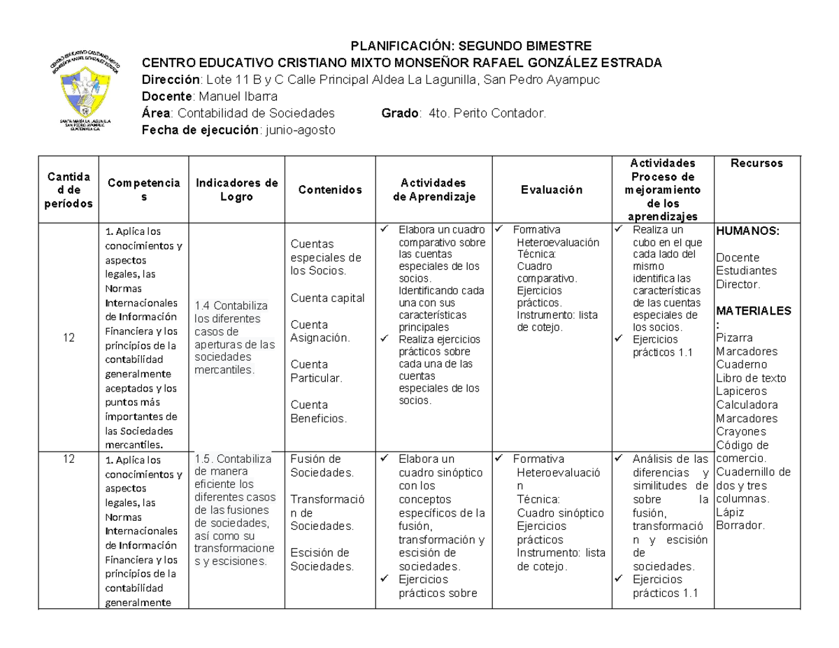 Planificación Segundo Bimestre 4to Perito Contador Contabilidad