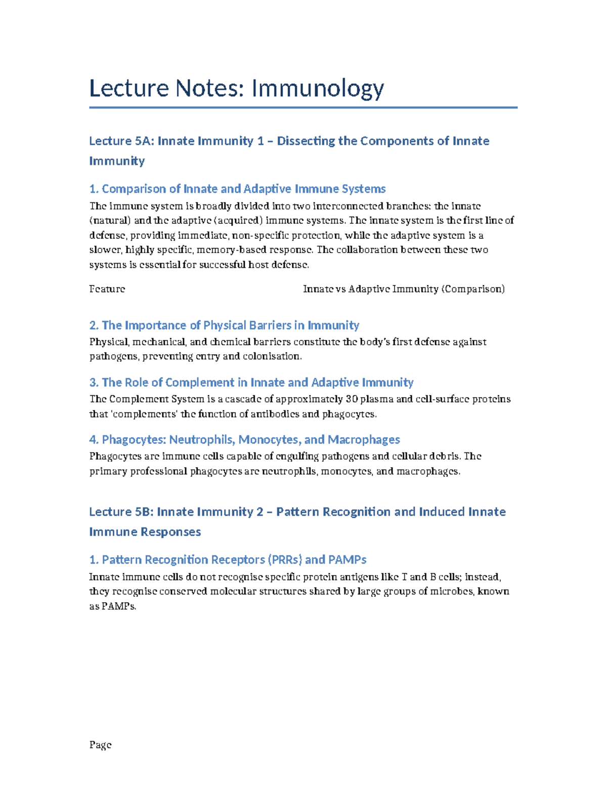 Immunology Lecture Notes: Innate & Adaptive Immunity Overview - Studocu