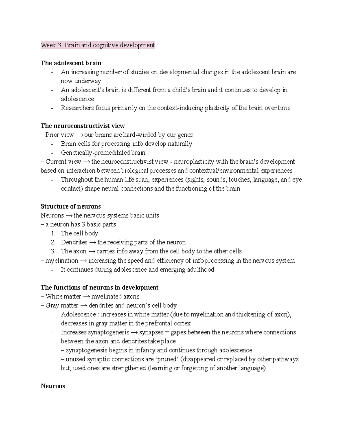 PSYC 101: Week 3 - Brain and Cognitive Development in Adolescence - Studocu