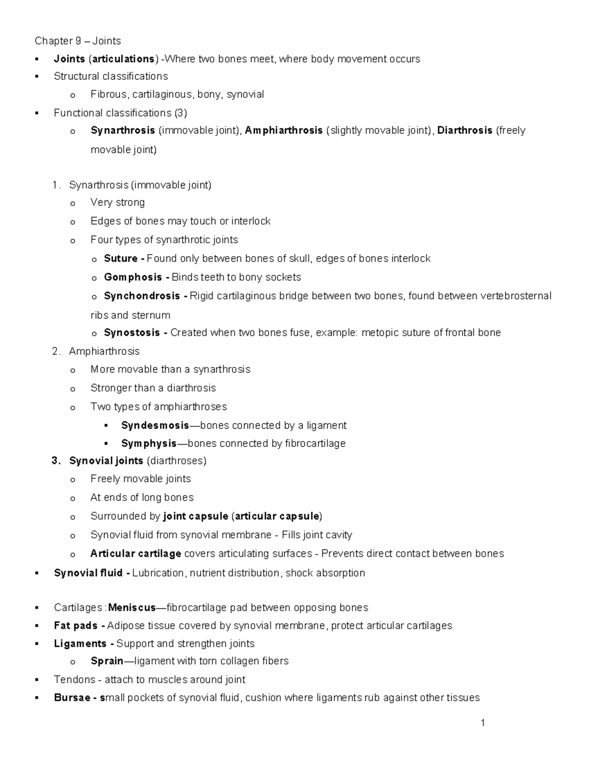 Chapter 9 – Joints: Structural & Functional Classifications - Studocu