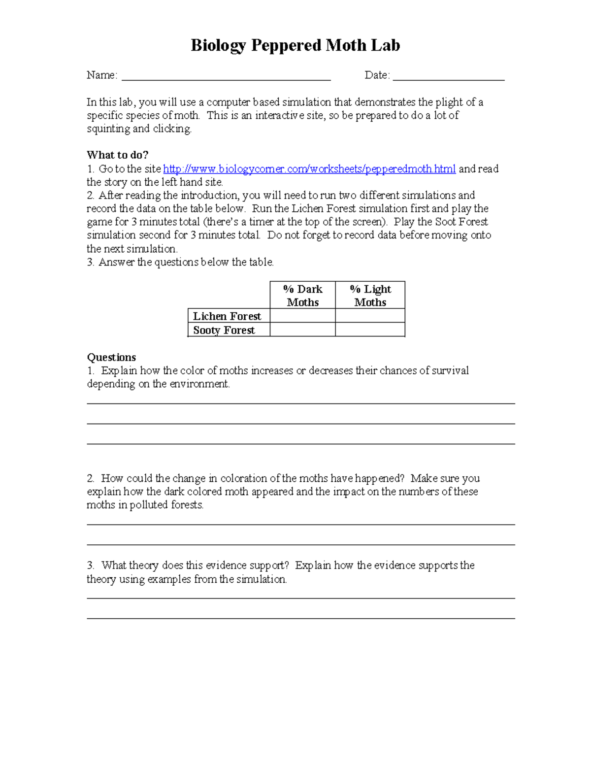 Biology 101: Peppered Moth Lab Activity and Simulation Guide - Studocu