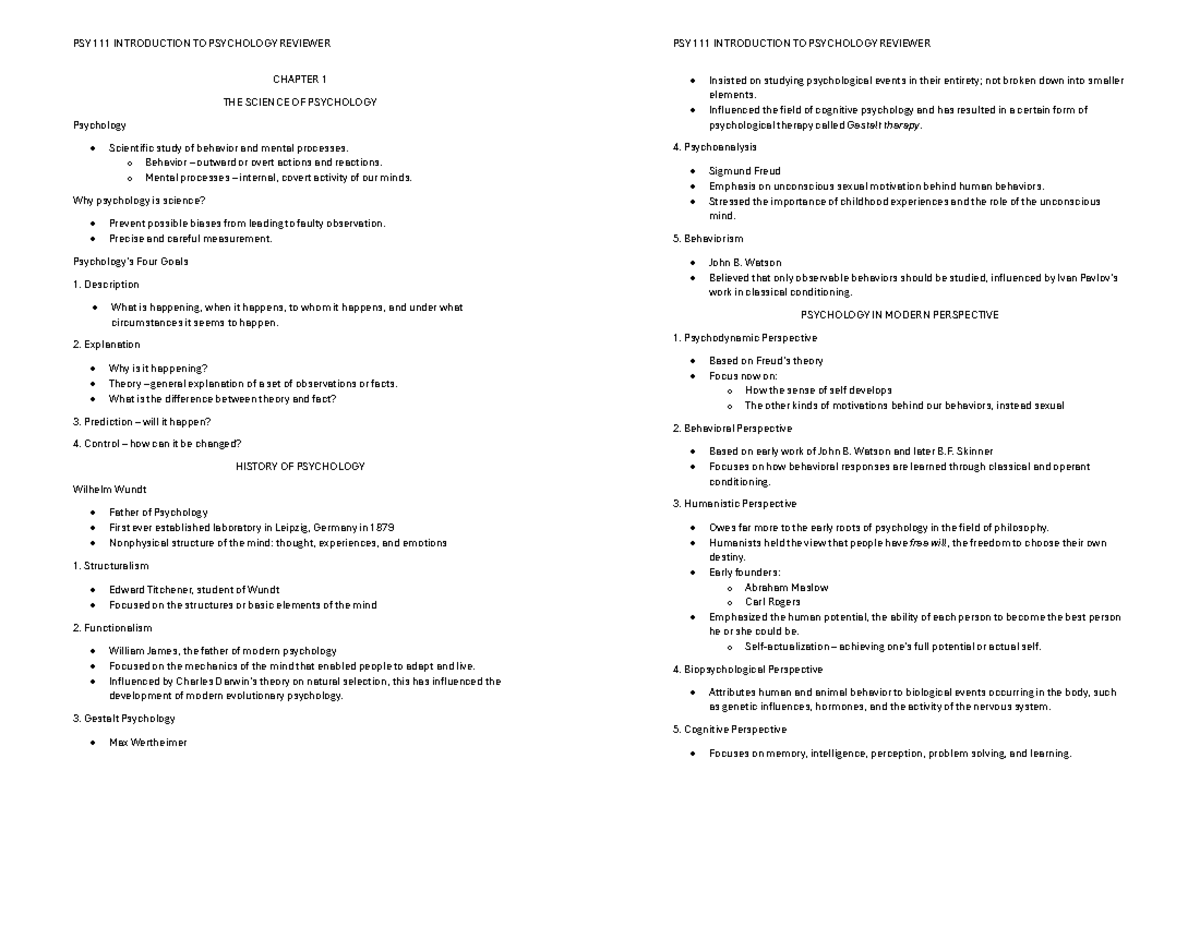 PSY 111 Chapter 1: Key Concepts in Introduction to Psychology - Studocu