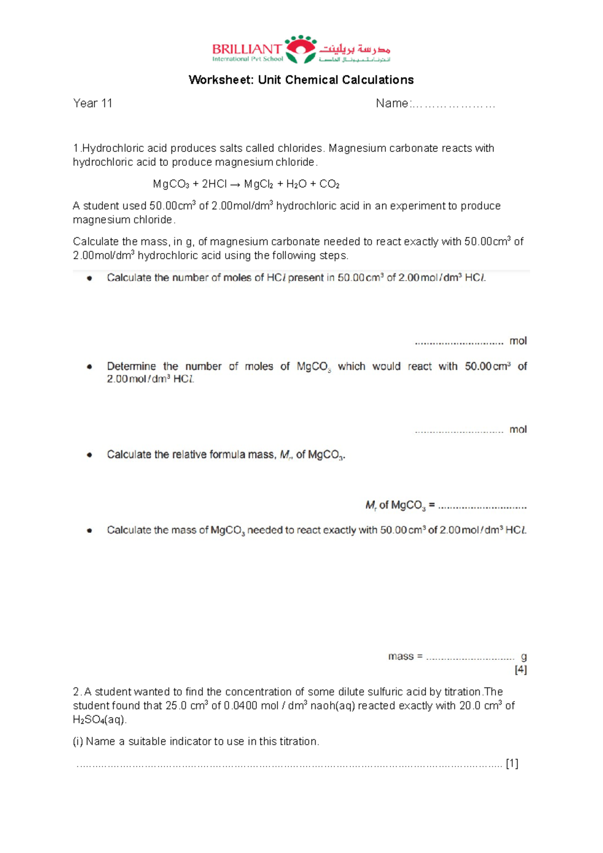 Year 11 Worksheet: Stoichiometry & Chemical Calculations - Studocu