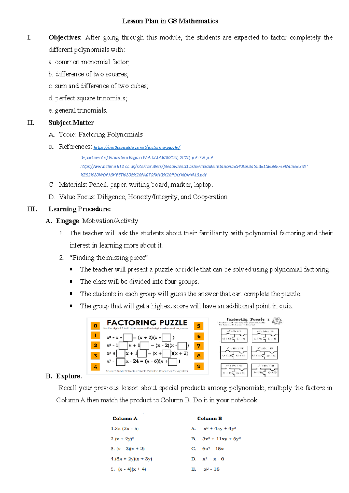 G8 Mathematics Lesson Plan: Factoring Polynomials Overview - Studocu