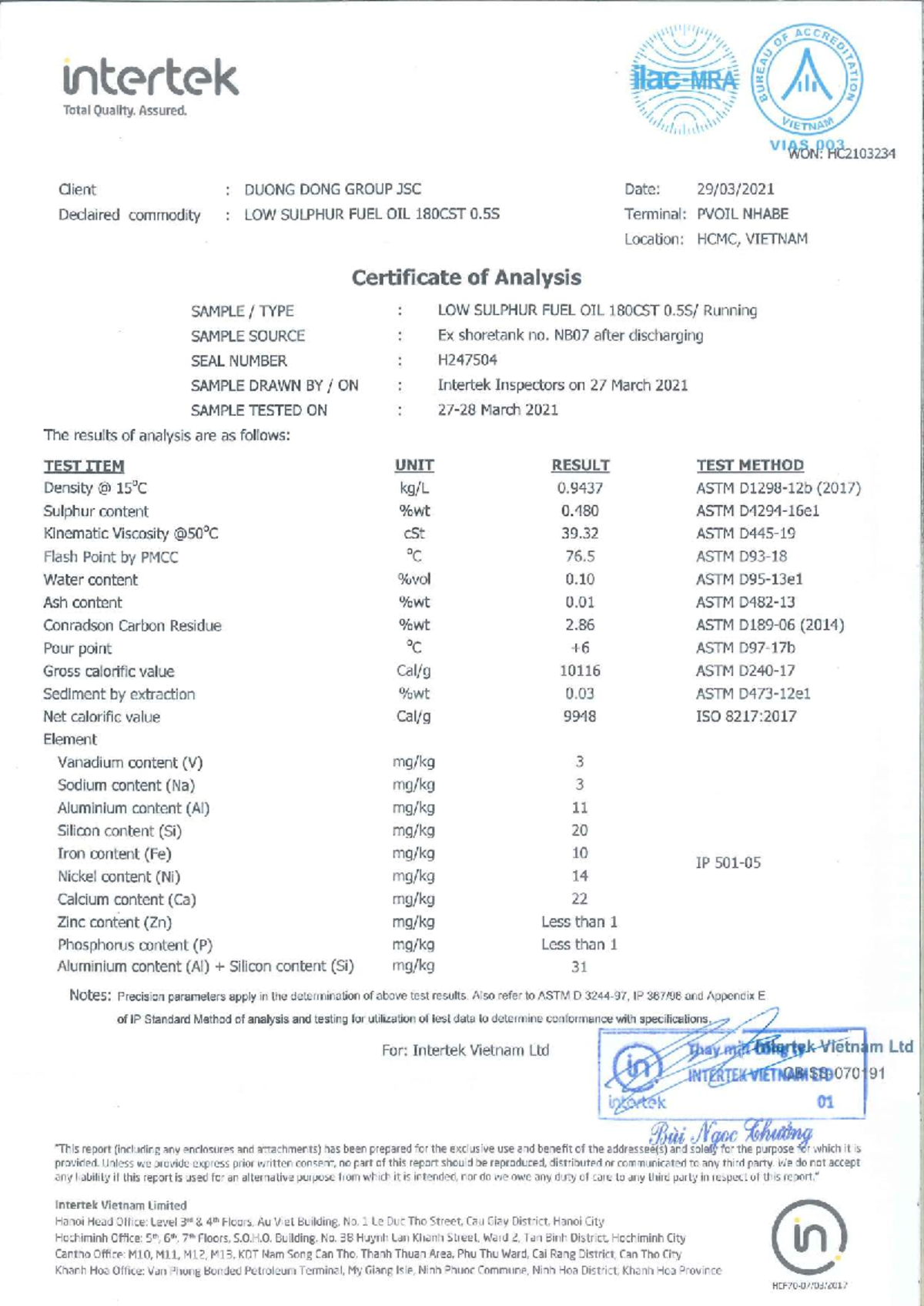 Certificate of Analysis for Low Sulphur Fuel Oil 180CST - Intertek ...