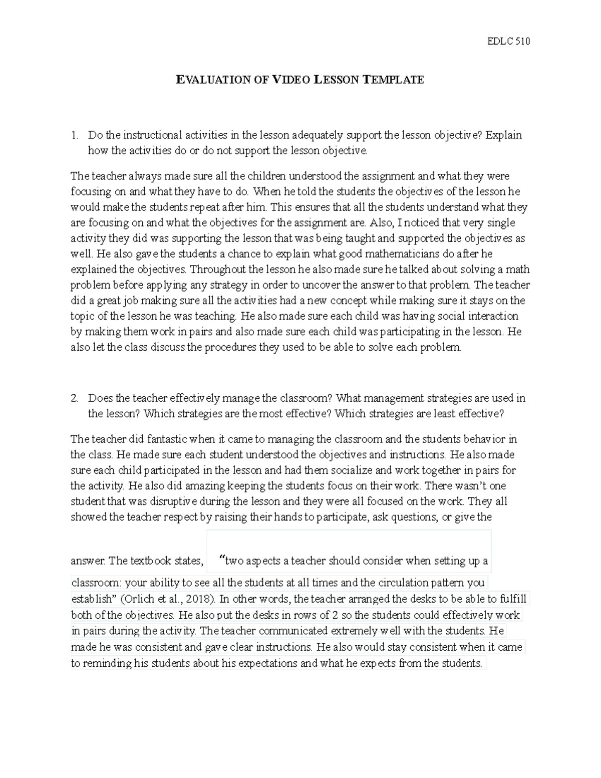 Evaluation of Video Lesson Template Analysis for EDU 123 Final Exam ...