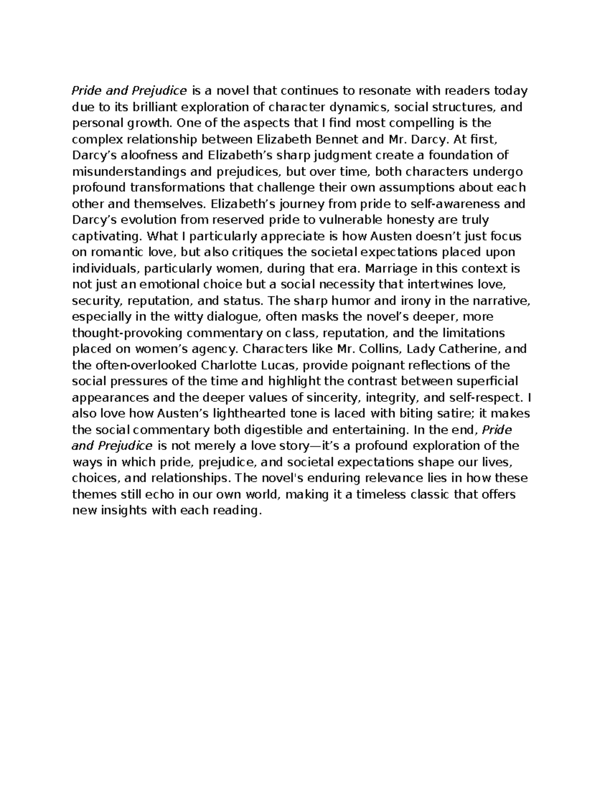 ENG 101: Book Review of Pride and Prejudice - Themes & Characters - Studocu