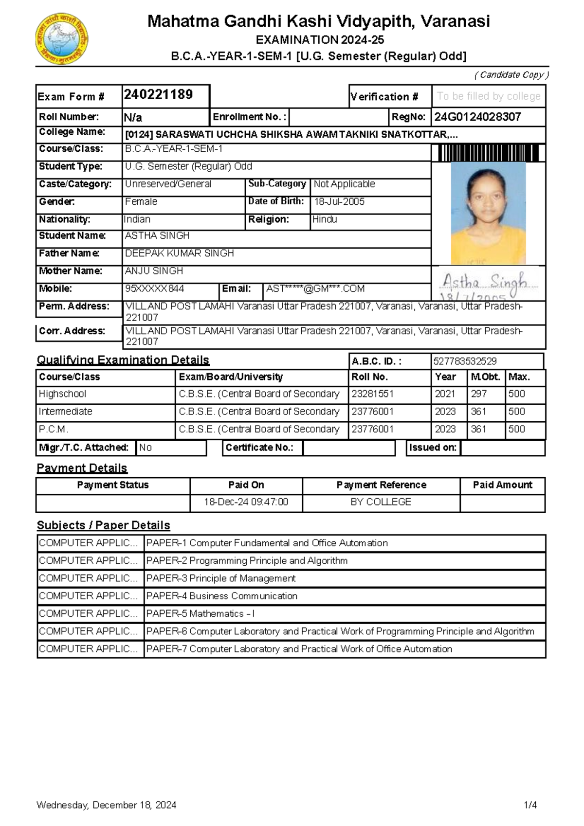 B.C.A. Year 1 Sem 1 Examination Form 2024-25 - Astha Singh - Studocu