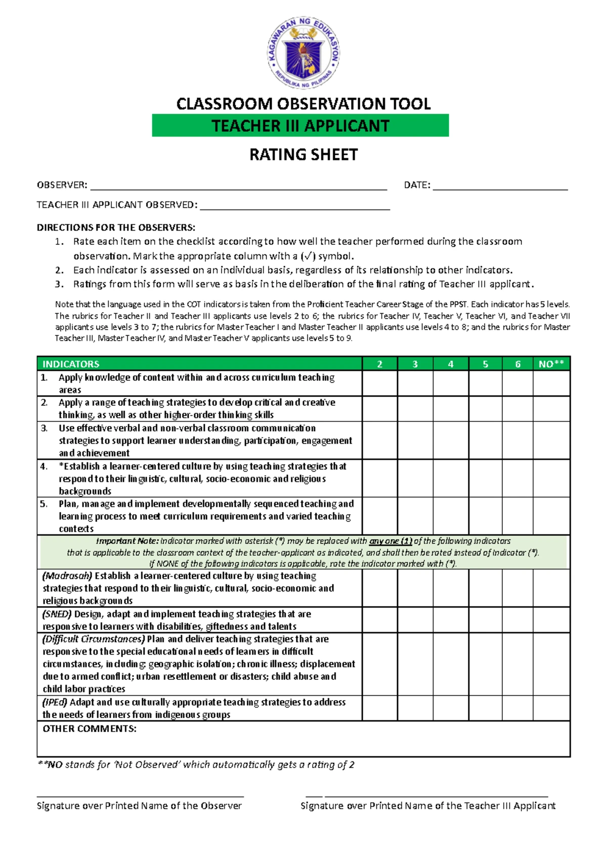 NCOI Master Teacher I Applicant Rating Sheet - Assessment Tool - Studocu