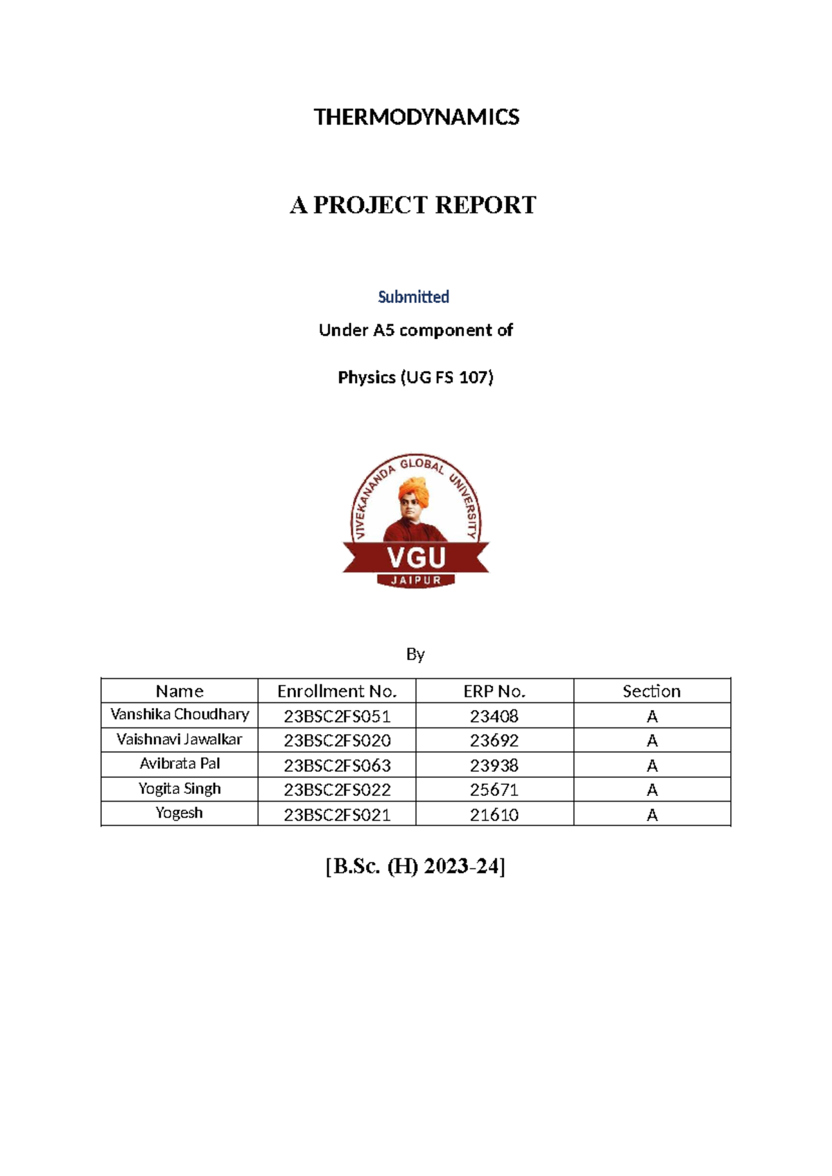 Physics (UG FS 107) A5 Project Report on Thermodynamics - Studocu