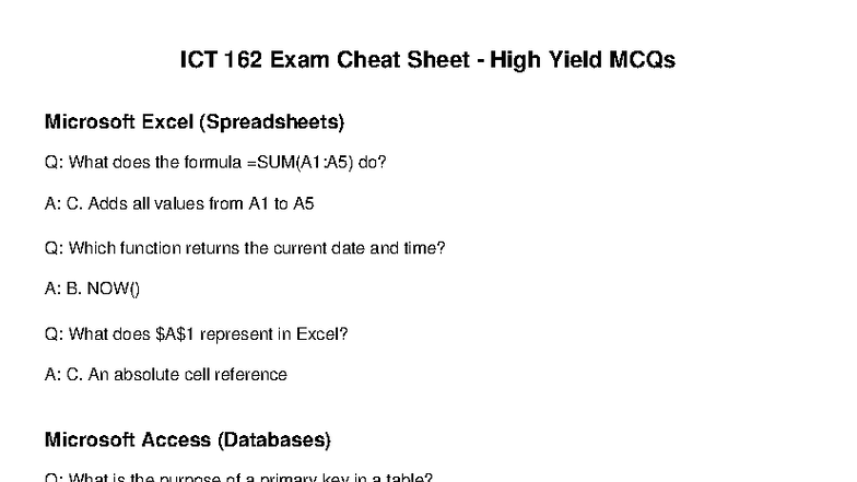ICT 162 Exam Cheat Sheet: High Yield MCQs for Excel, Access ...
