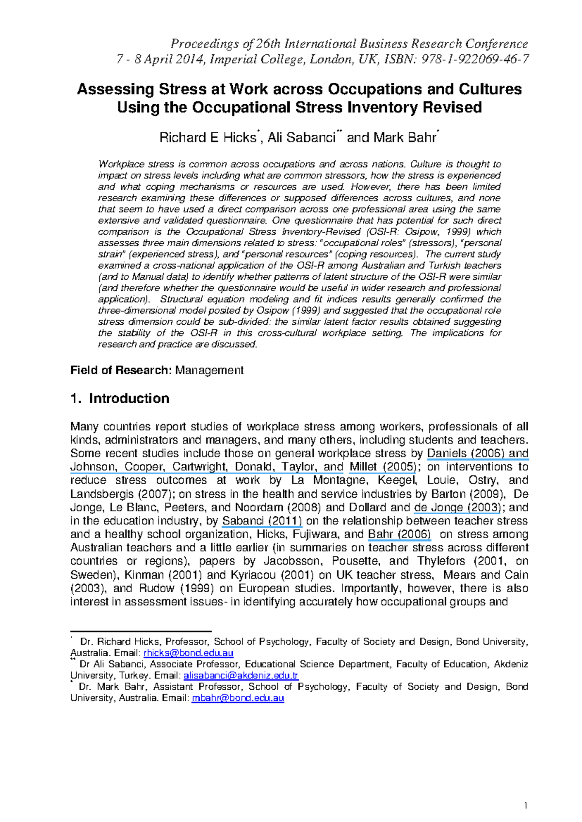 Assessing Workplace Stress: A Cross-Cultural Study Using OSI-R - Studocu