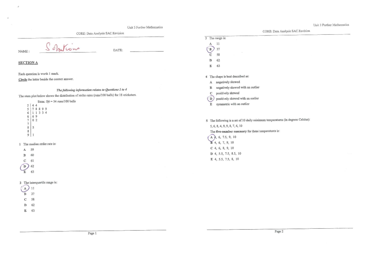 Unit 3 Further Mathematics CORE: Data Analysis SAC Revision Notes - Studocu