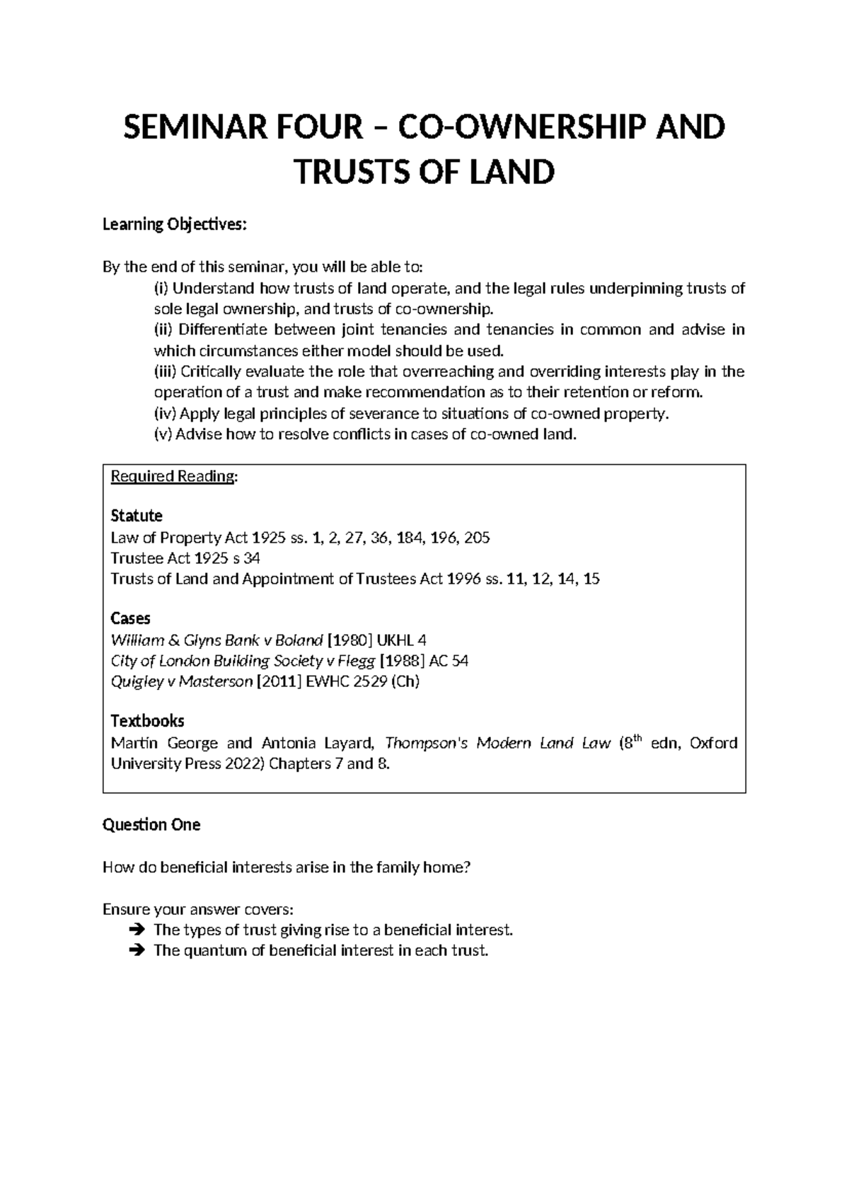 Seminar 4 Worksheet: Co-ownership & Trusts of Land Overview - Studocu