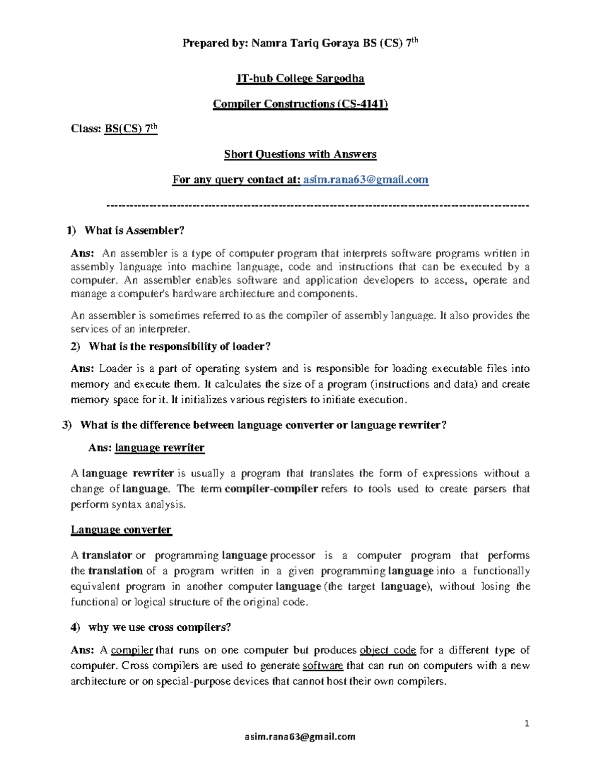 Compiler Construction Short Questions - 1 IT-hub College Sargodha Compiler Constructions (CS ...