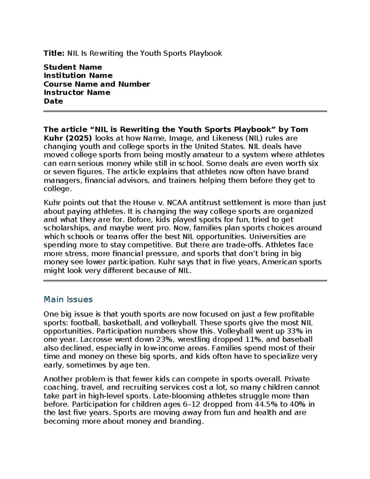 NIL Impact on Youth Sports: Changes & Challenges in 2025 - Studocu
