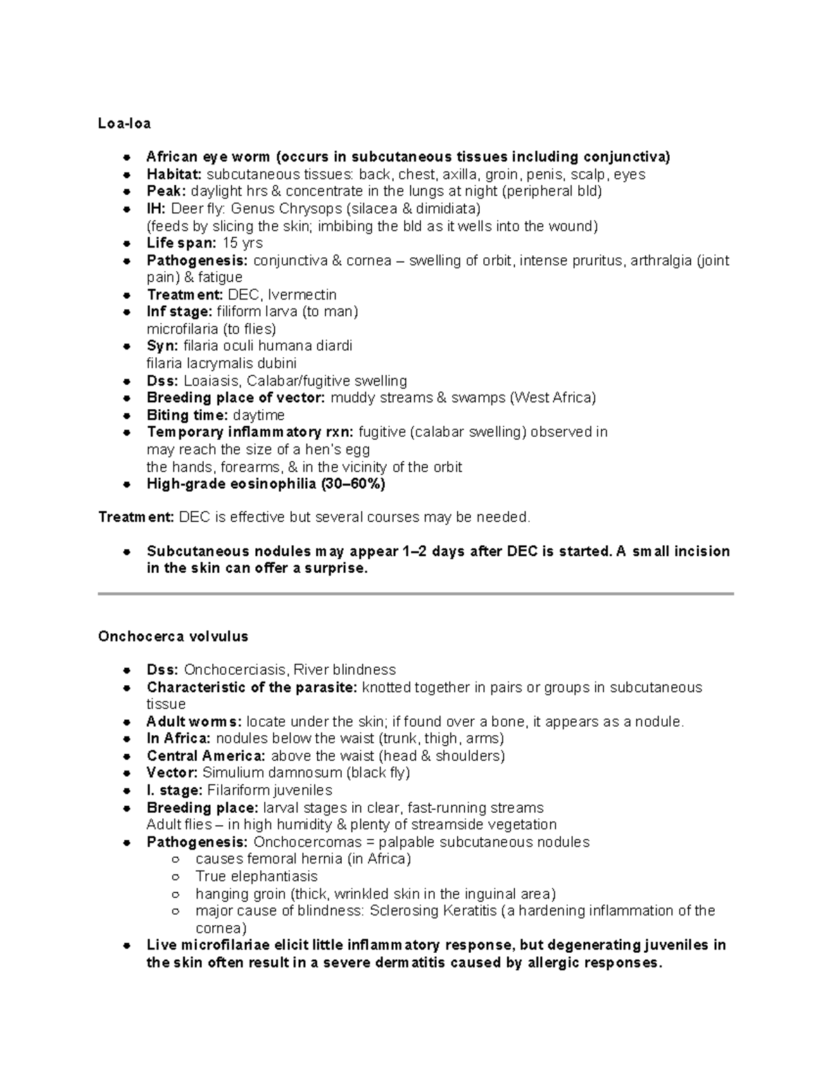 Parasitology Study Notes: African Eye Worm & Filarial Infections - Studocu