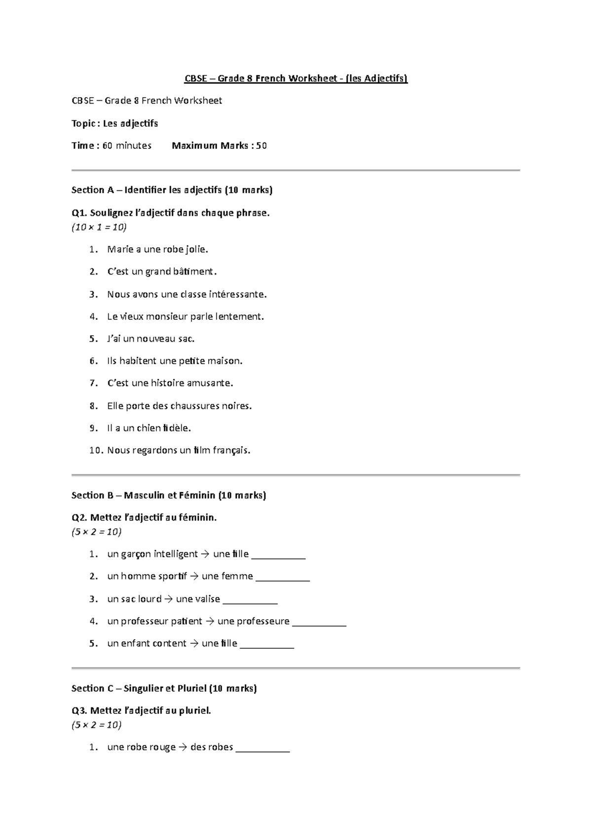 CBSE Grade 8 French Worksheet: Les Adjectifs Ques - Studocu