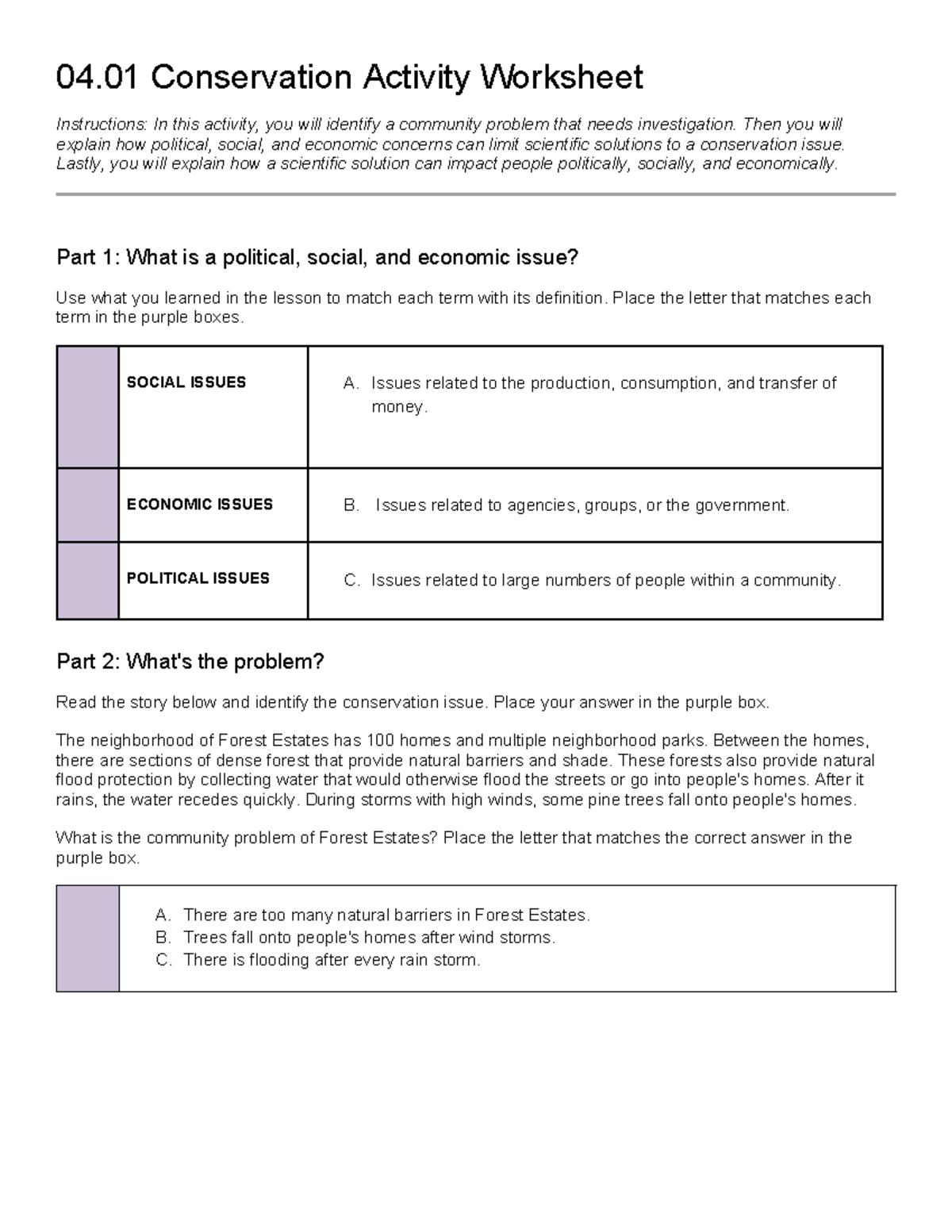 04 Conservation Activity Worksheet: Investigating Community Issues ...