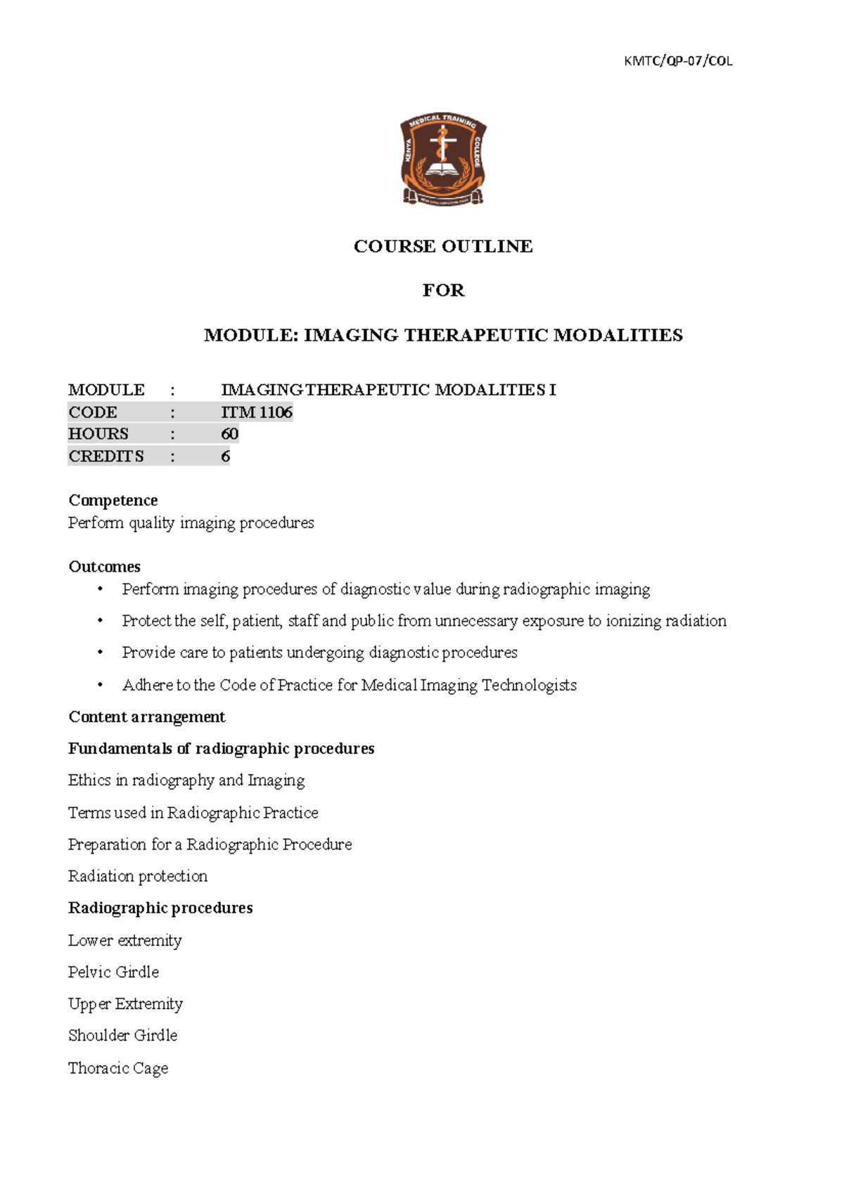 Itm Course Outline Final Doc Course Outline For Module Imaging 0454