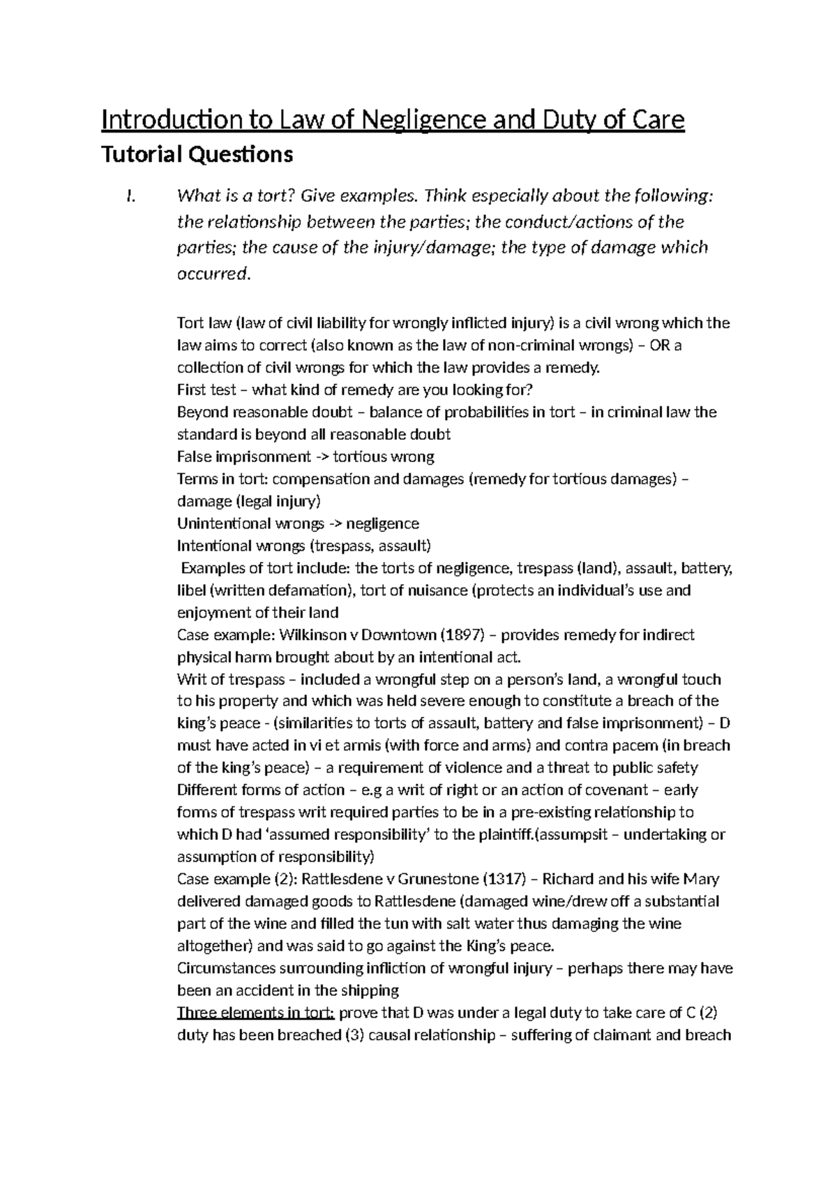 T1 Tutorial on Law of Negligence and Duty of Care Concepts - Studocu