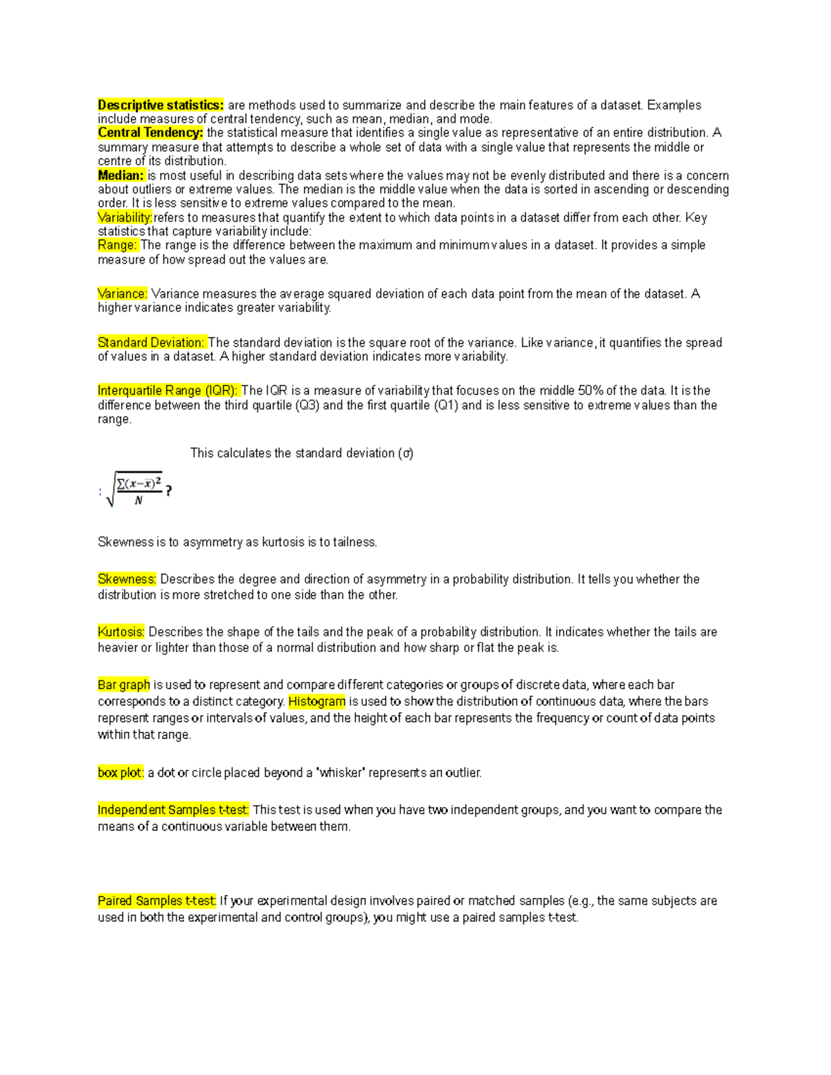 Descriptive Statistics Cheat Sheet for Intro to Stats (STAT101) - Studocu