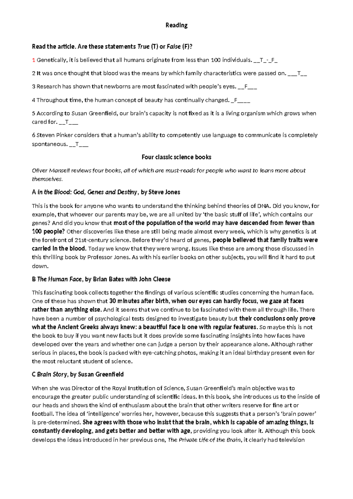 Reading 3 - True or False Statements on Genetics and Beauty - Studocu
