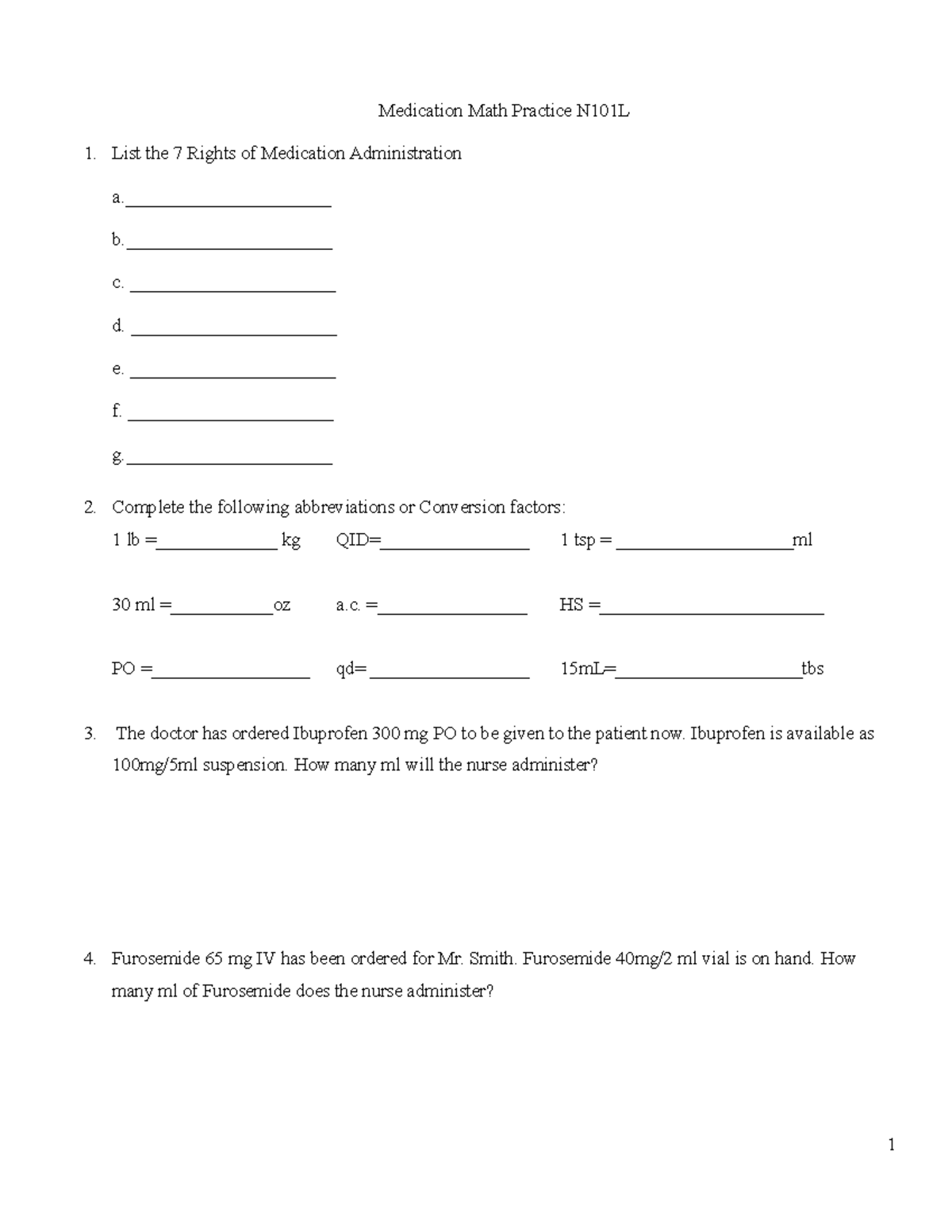 Medication Math Practice 4 - ______________________ b ...