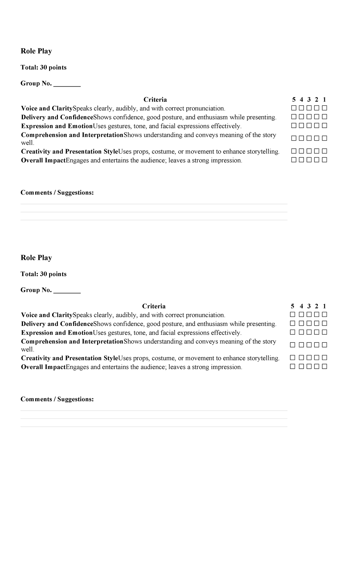 Recital Rubric: Role Play Assessment Criteria (30 pts) - Studocu