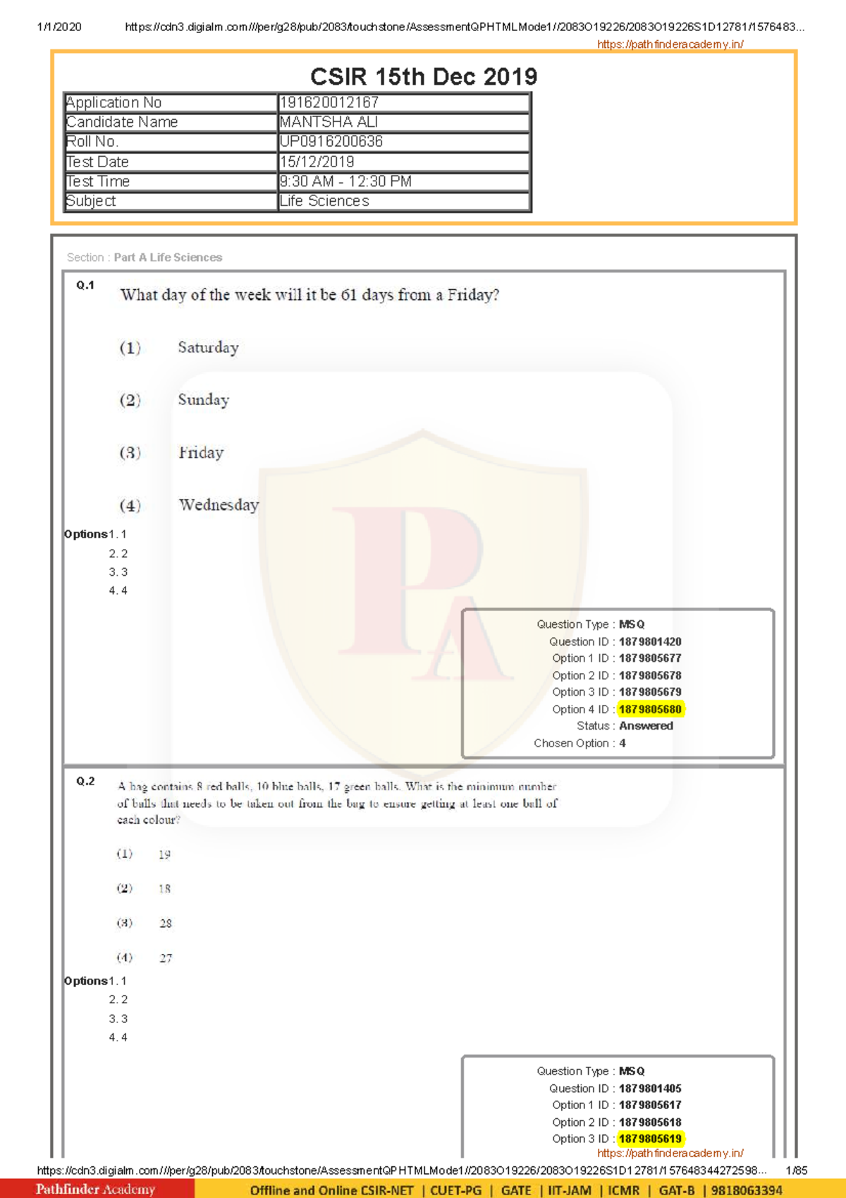 CSIR Life Sciences December 2019 Exam Paper Analysis - Studocu