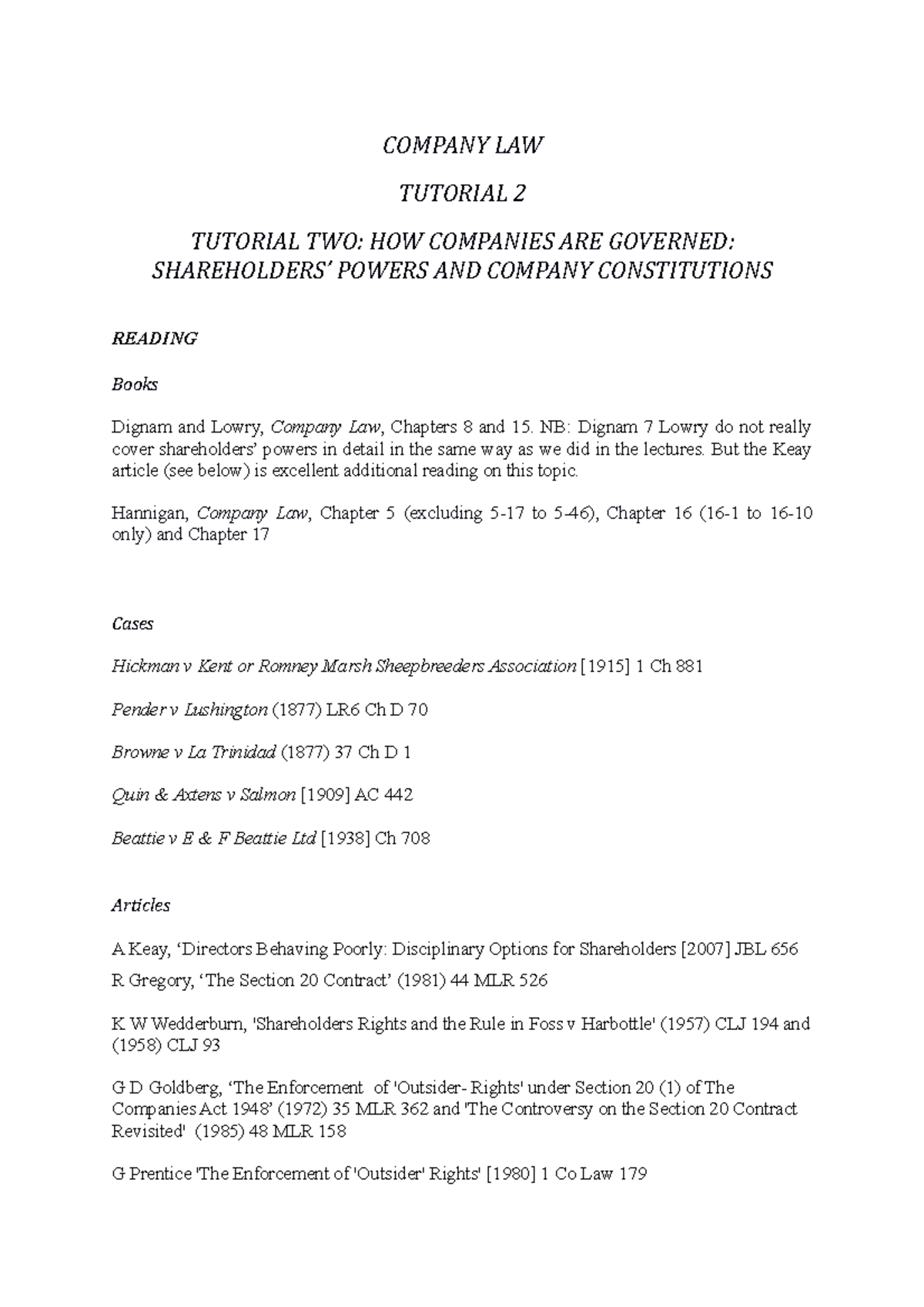 Tutorial 2 Company law 2023-24 - COMPANY LAW TUTORIAL 2 TUTORIAL TWO: HOW COMPANIES ARE GOVERNED ...