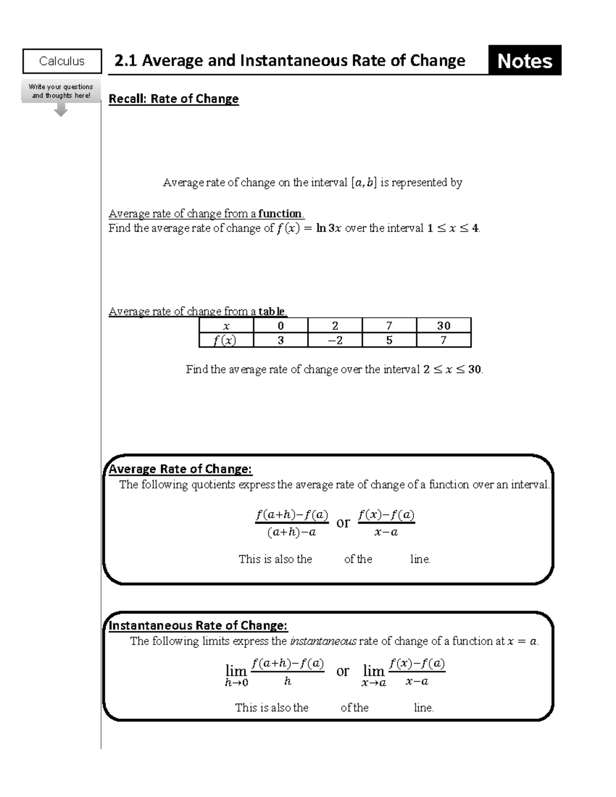 2 - AP Calculus AB: Average & Instantaneous Rate of Change Notes - Studocu