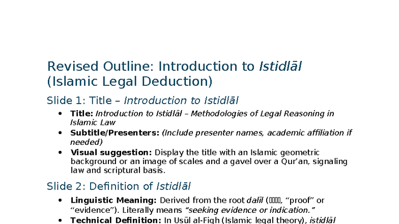 Revised Outline: Introduction to Istidlāl (Islamic Legal Deduction ...