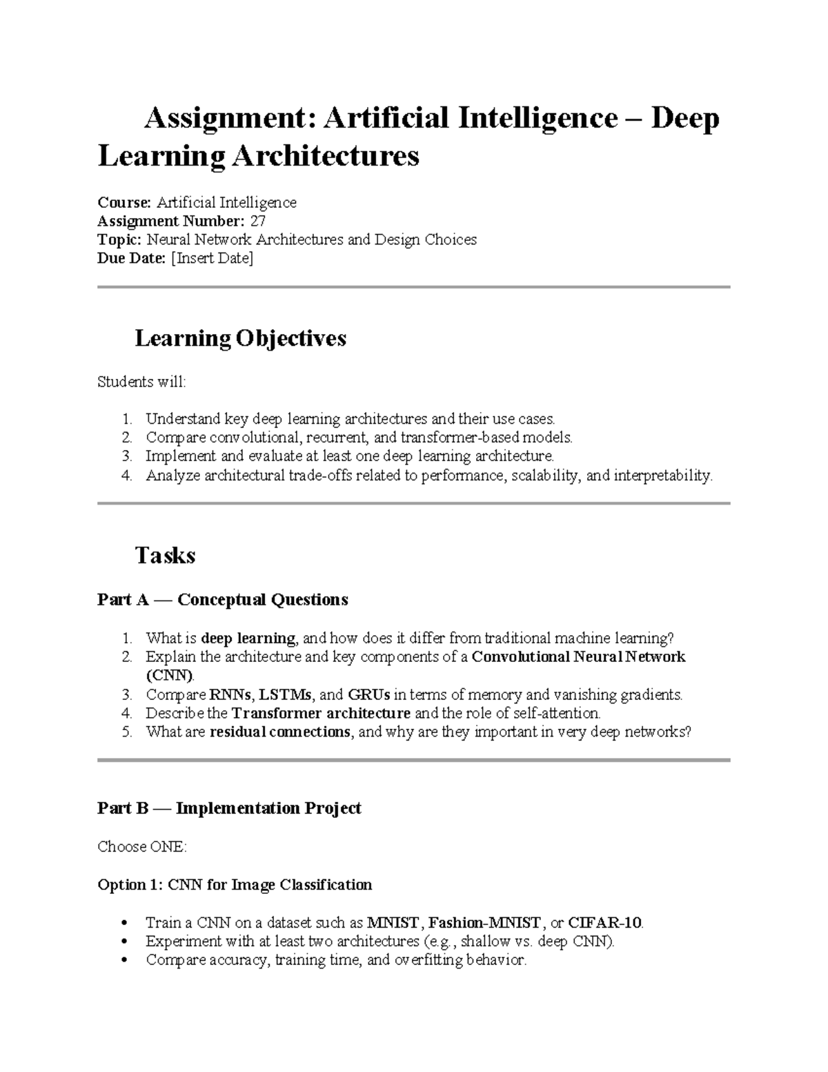AI Deep Learning Architectures Assignment 27: Neural Networks - Studocu