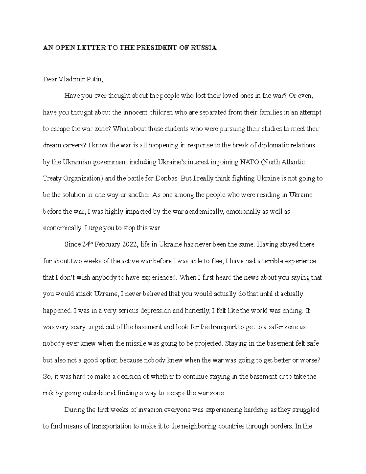 AN OPEN LETTER TO PRESIDENT PUTIN: IMPACT OF THE UKRAINIAN WAR - Studocu