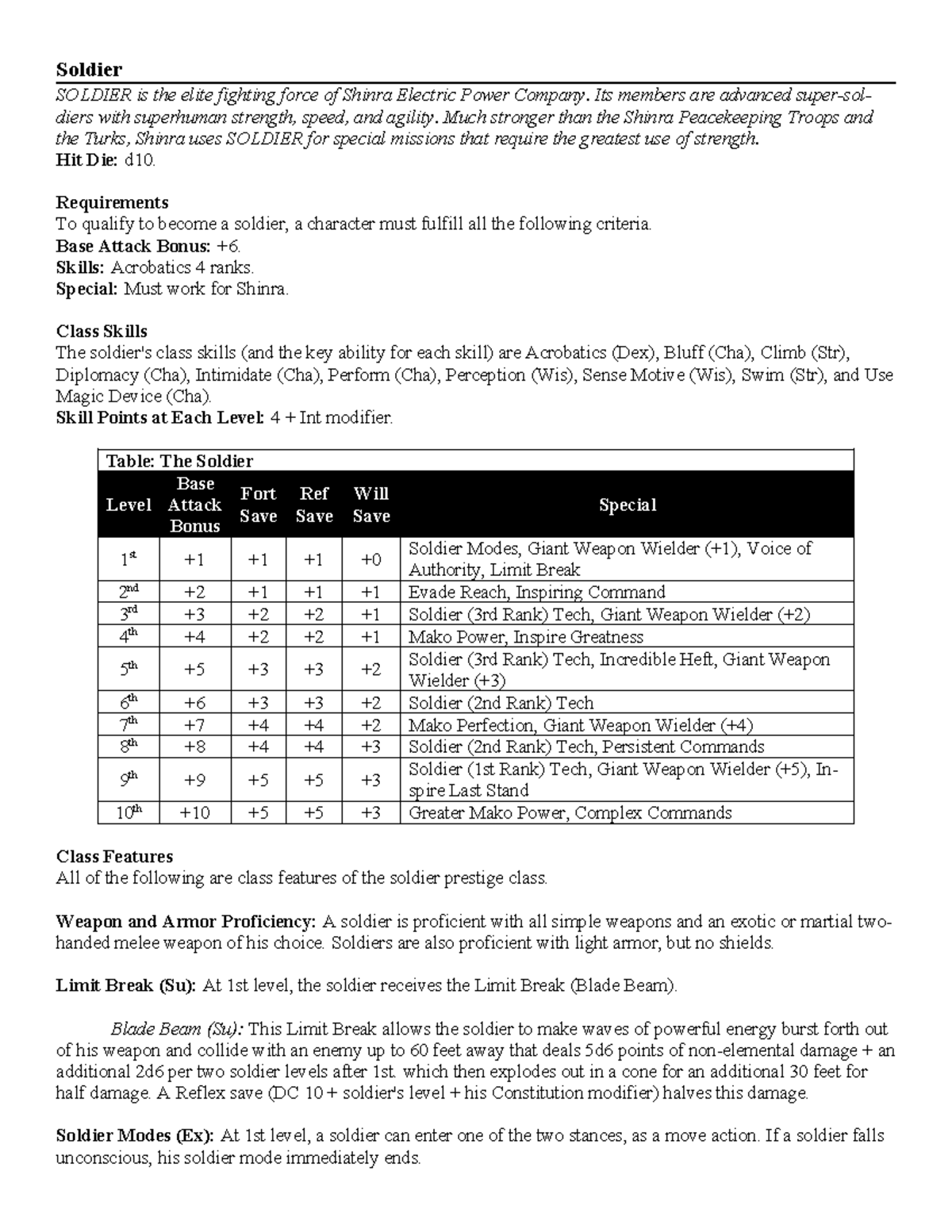 SOLDIER Class Overview and Abilities Guide - RPG Notes - Studocu