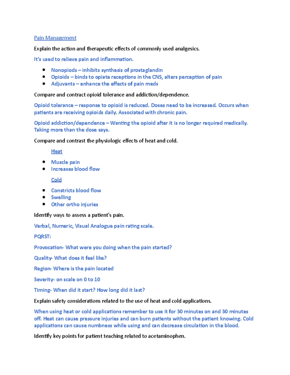 Pain Managment - Nursing pain notes - Pain Management Explain the ...